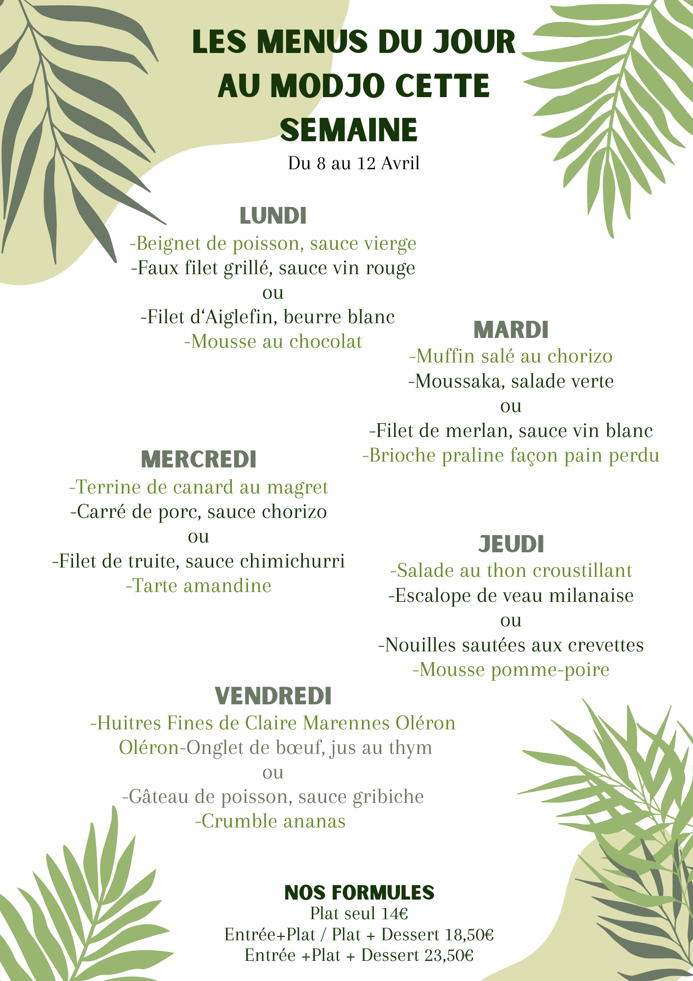 MENU DE LA SEMAINE | Réstaurant Modjo Part Dieu